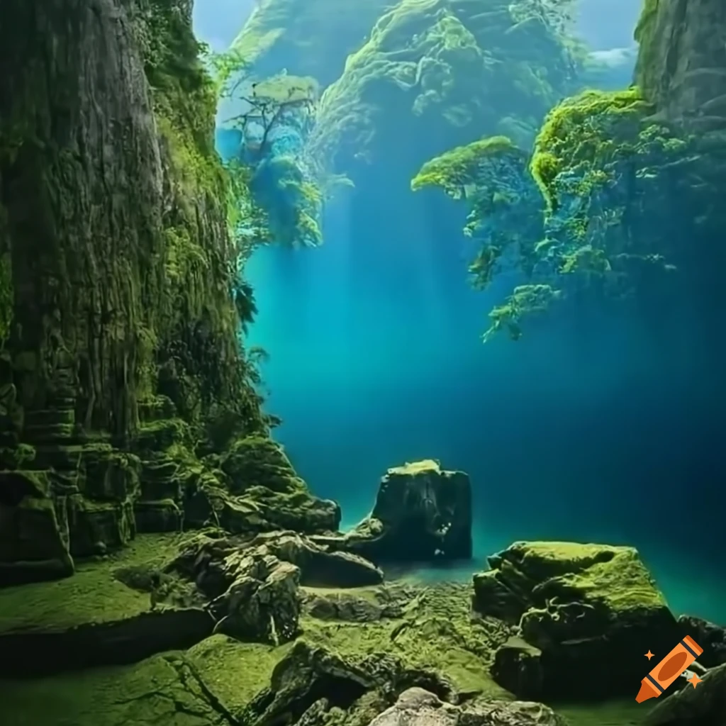 Exploring ancient ruins in a jungle near a blue lake on Craiyon