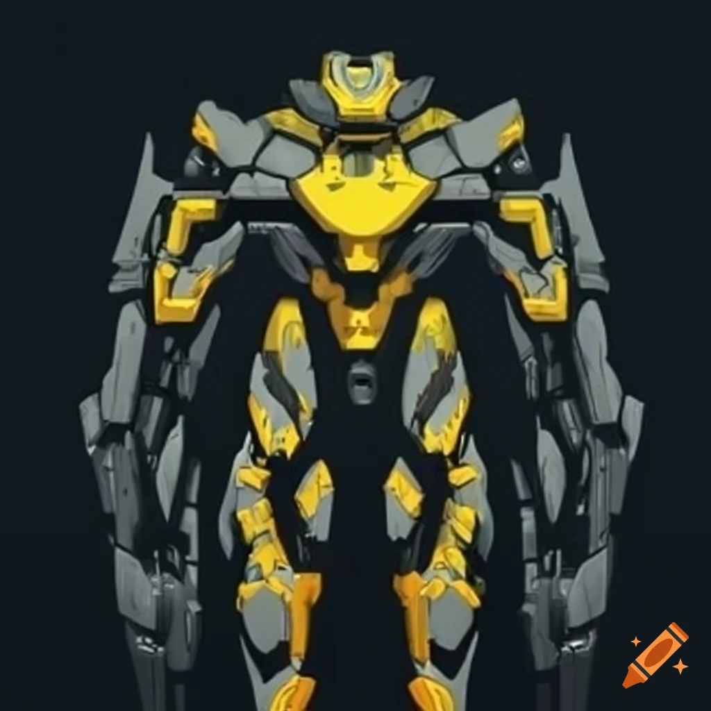 Futuristic yellow and grey humanoid mecha with intricate electronic ...