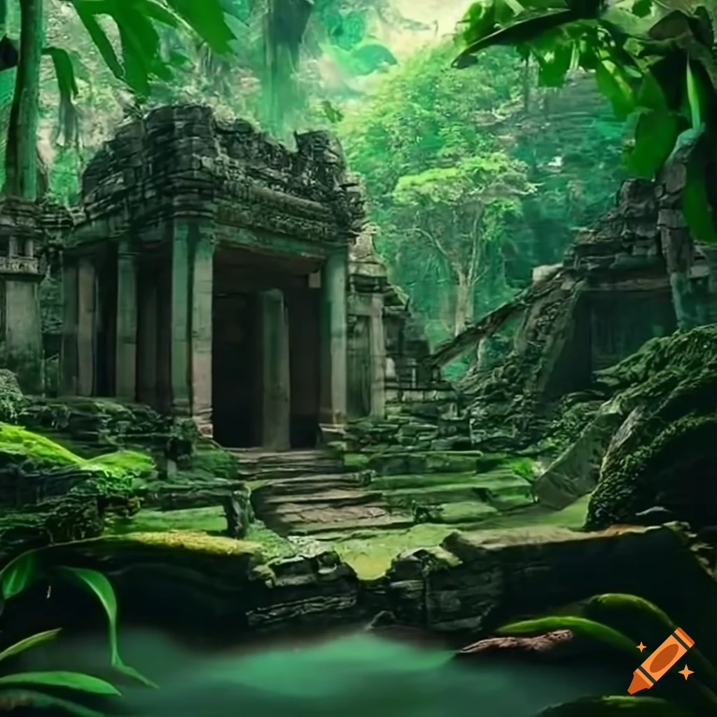 Exploring ancient ruins in the jungle on Craiyon