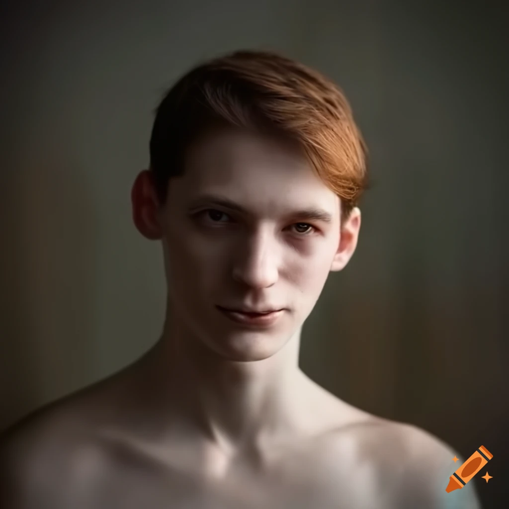 Portrait of a young man with long copper hair and a slight smile on Craiyon