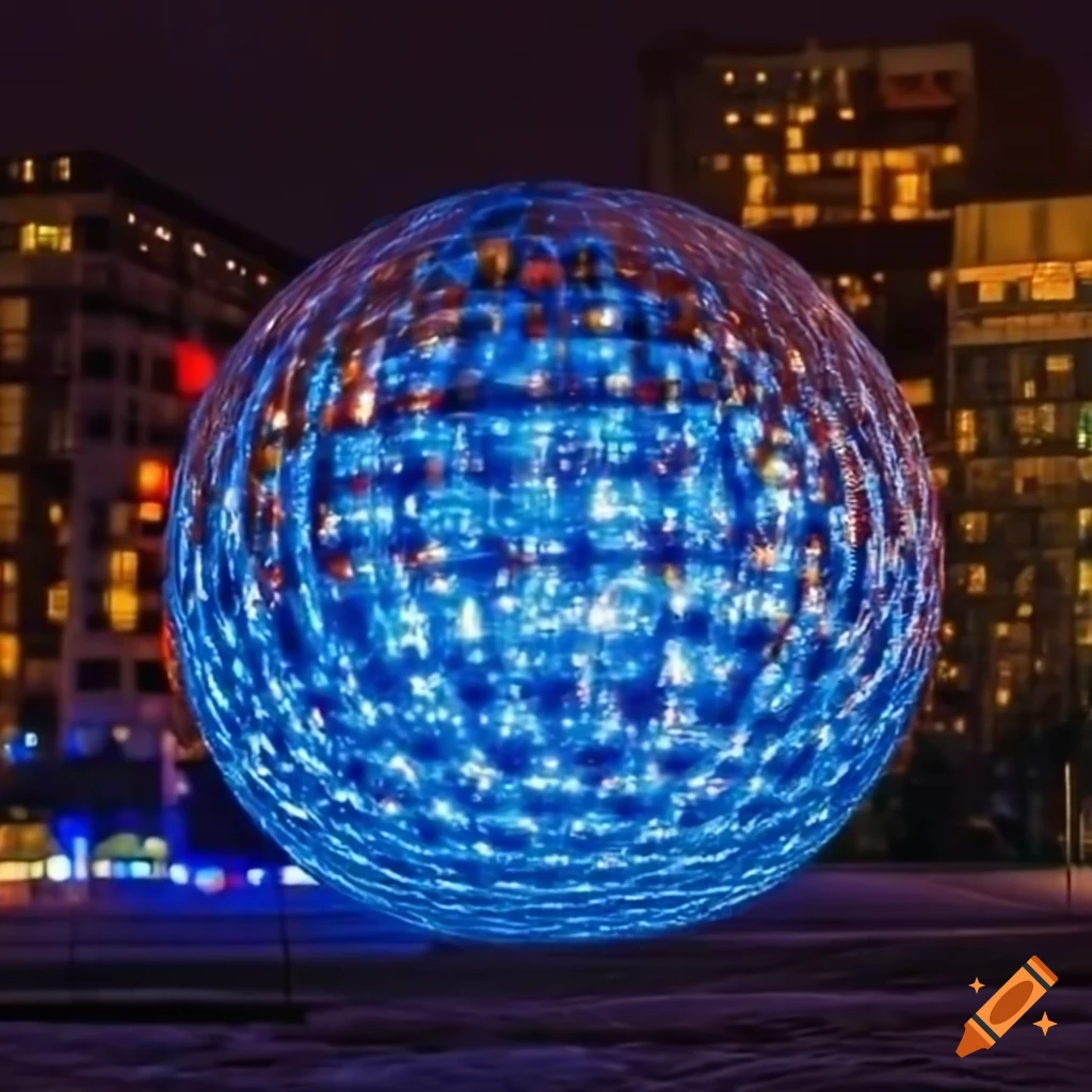 Urban light installation at nighttime with a hollowed ball on Craiyon