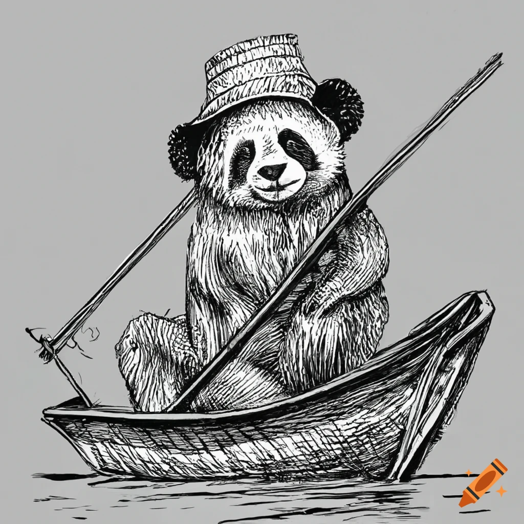 Panda with straw hat fishing on a boat in black and white ink drawing ...