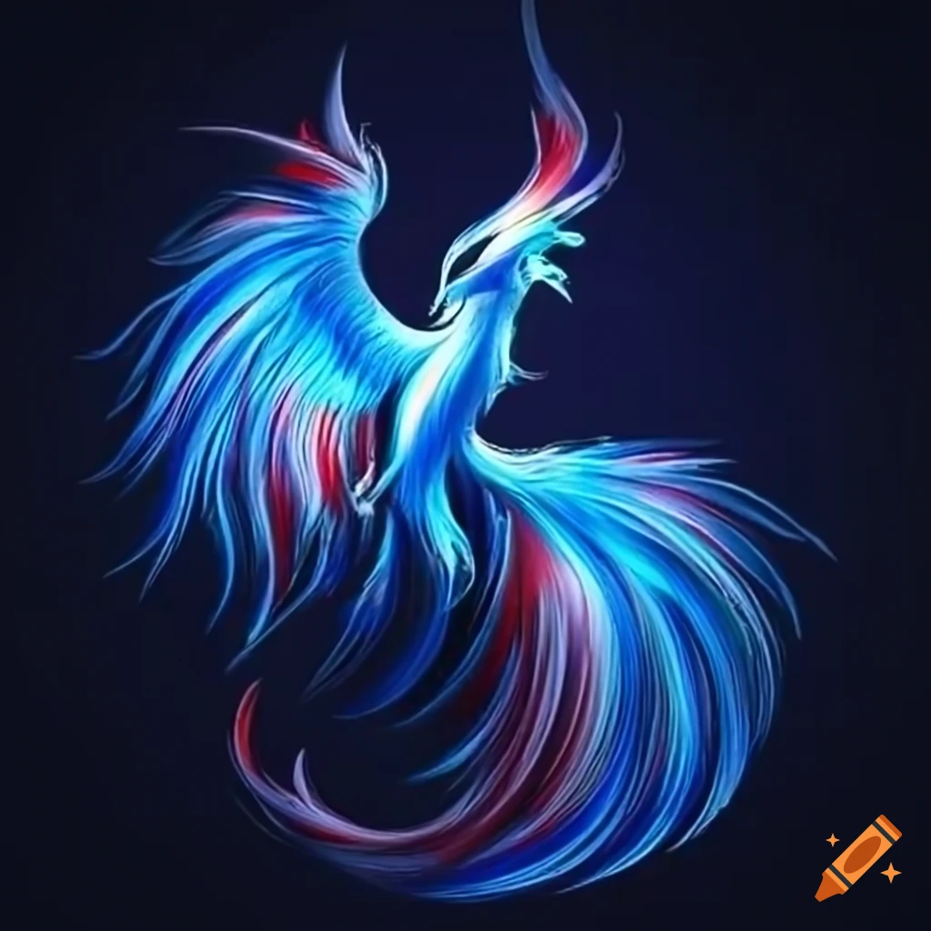 High definition sideview of a blue, white, and red phoenix on Craiyon