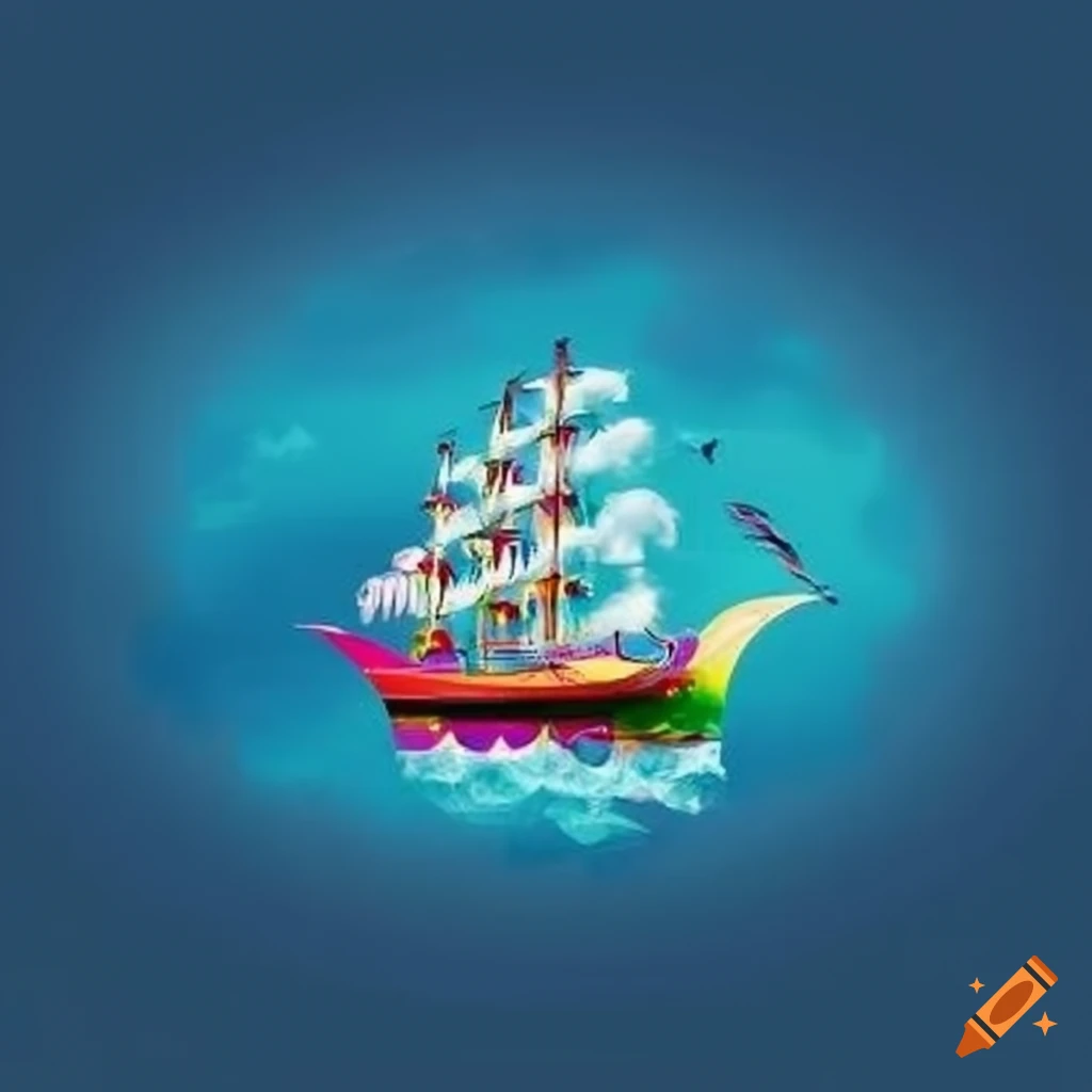 Colorful ship with indian designs sailing through fluffy white clouds ...