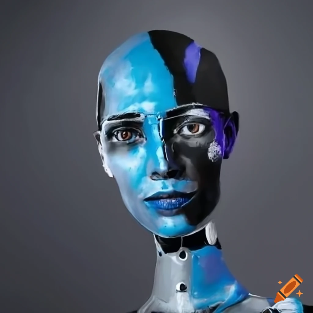 Portrait of an intelligent robot in black, white, and blue colors on ...