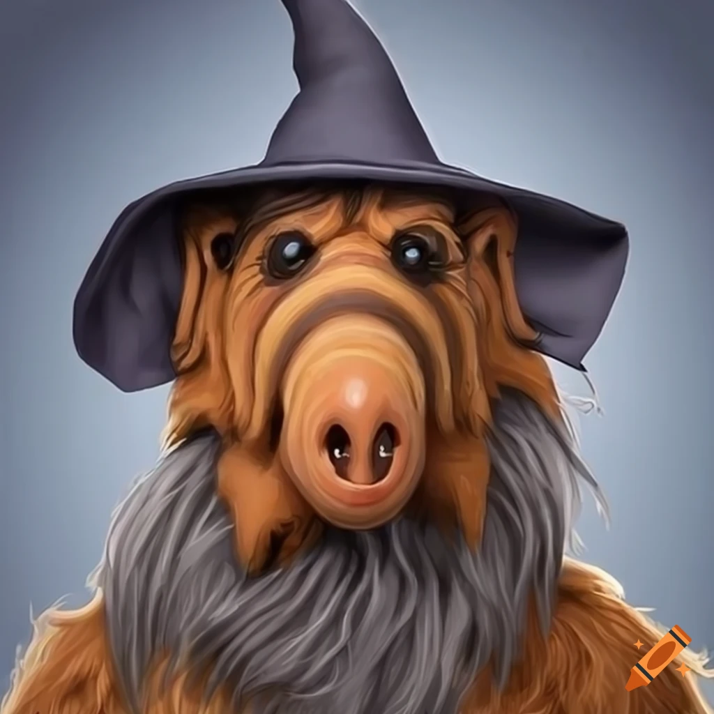 Alf wearing a wizard's hat and robe resembling gandalf on Craiyon