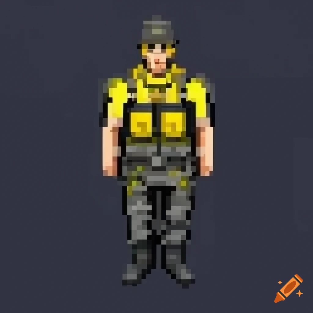Pixel art of front-view FPS enemy soldier in retro sci-fi attire on Craiyon