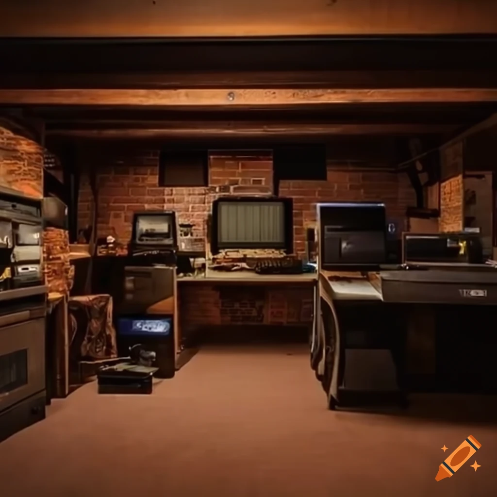 Brick room filled with old computers in a game room setting on Craiyon