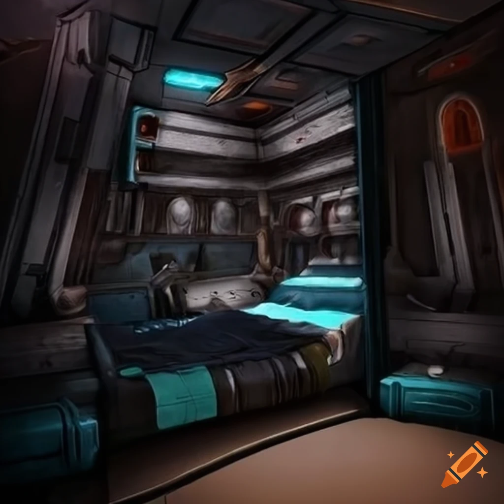 Concept art of a small one-person military spaceship bedroom designed ...
