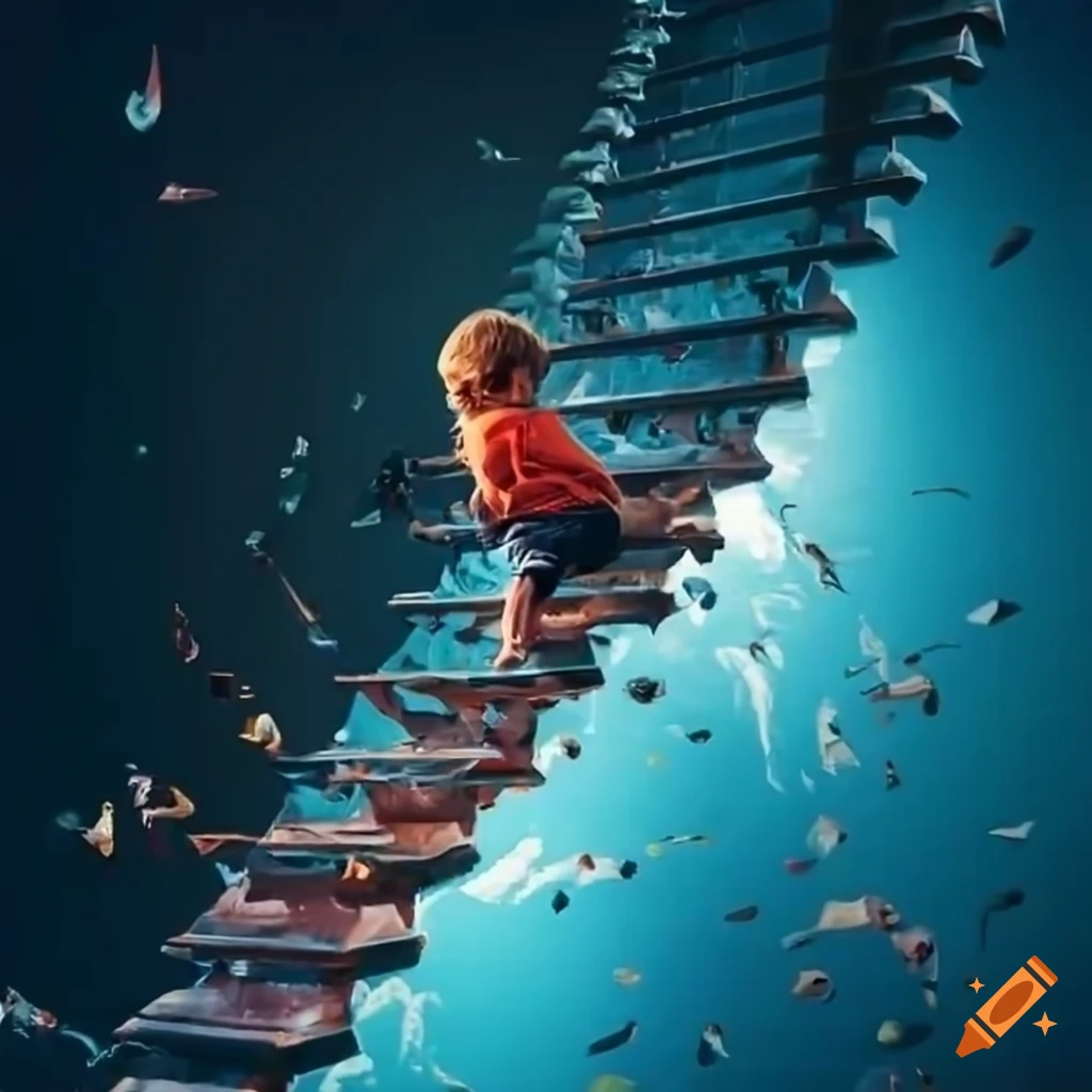 Person climbing crystal stairs and encouraging their son to climb with ...