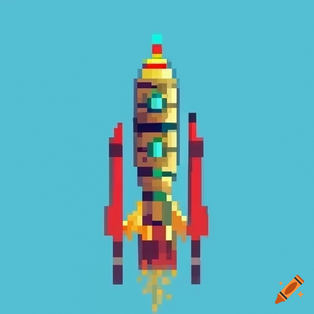 Pixel art of a flying saucer rocketship on Craiyon