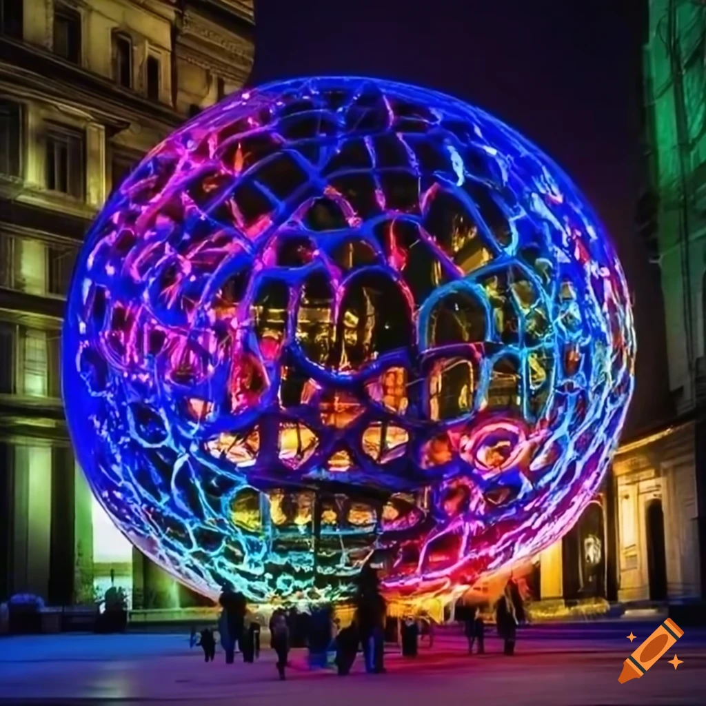 Urban light installation at nighttime with a hollowed ball on Craiyon