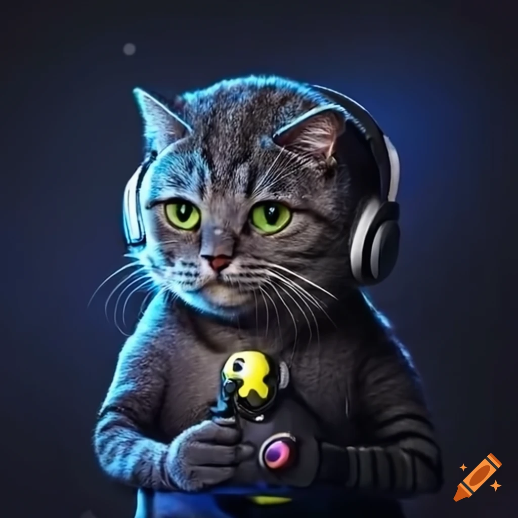 Gray cat wearing gaming headphones playing video games on Craiyon