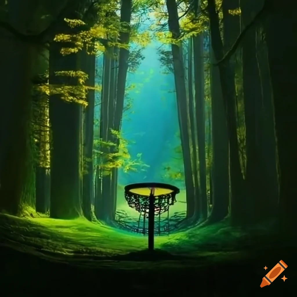 Disc golf disc ricocheting off a tree in a forest on Craiyon