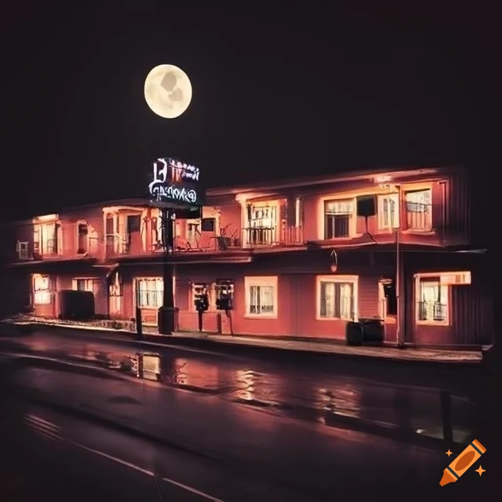 Modern two-story motel with arkham bay neon sign on a misty rainy night ...