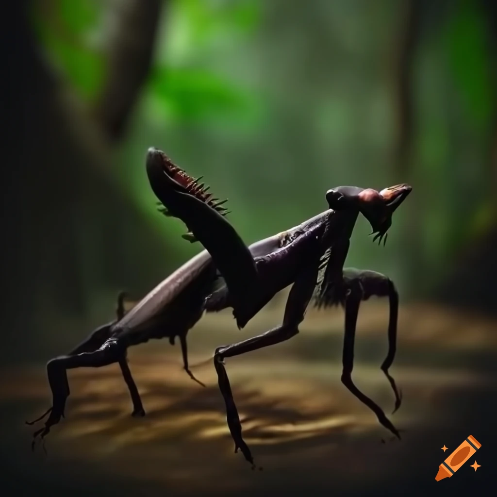 Giant black armored praying mantis in a dark forest on Craiyon