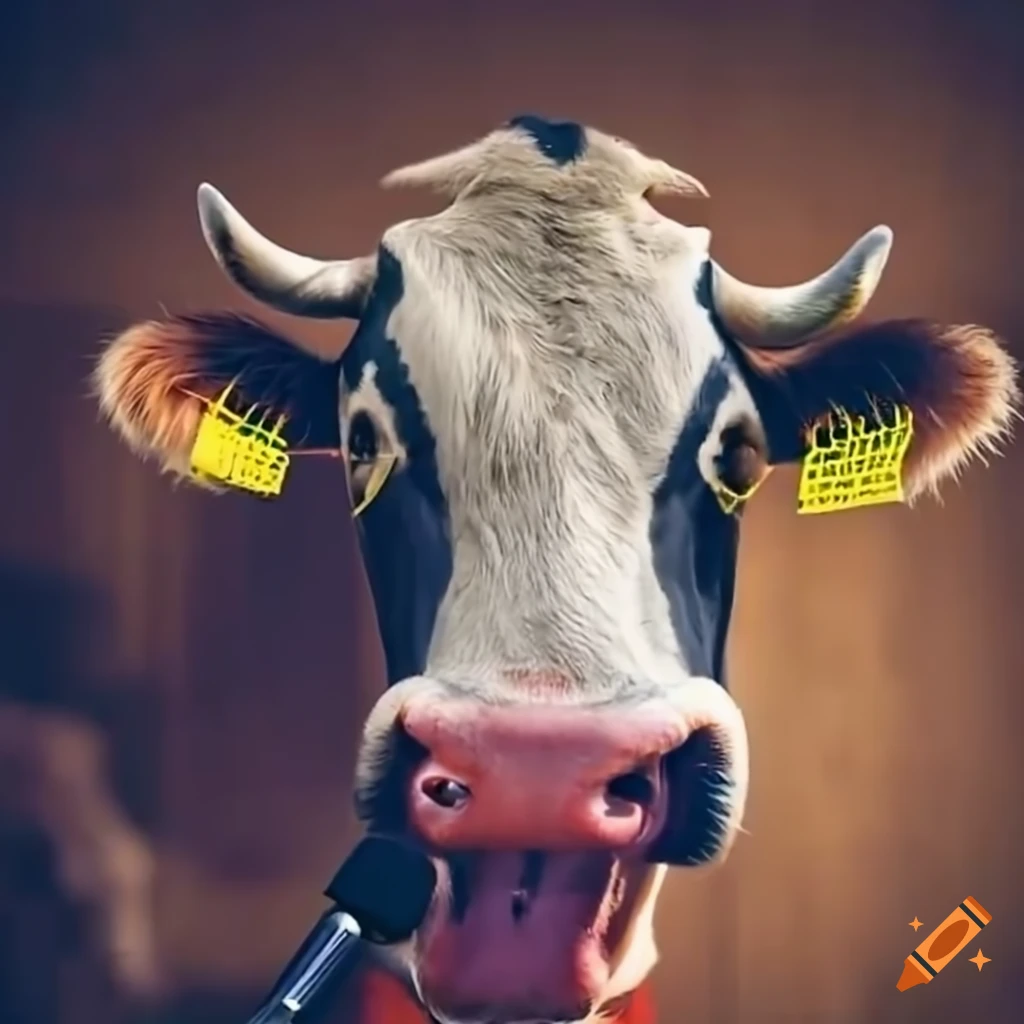 Cow with a sports jersey yelling into a microphone in a barn on Craiyon