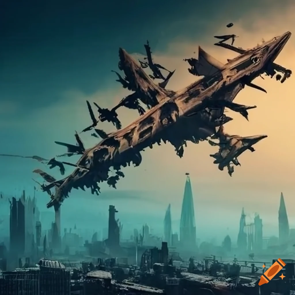 Post apocalyptic city with bone planes in the sky on Craiyon
