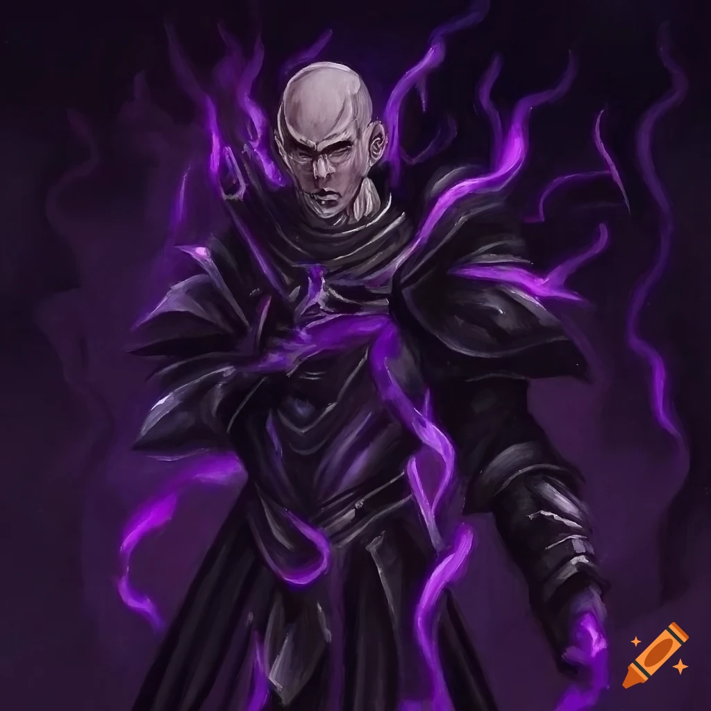 Intricately detailed oil painting of a male warlock in black armor and ...