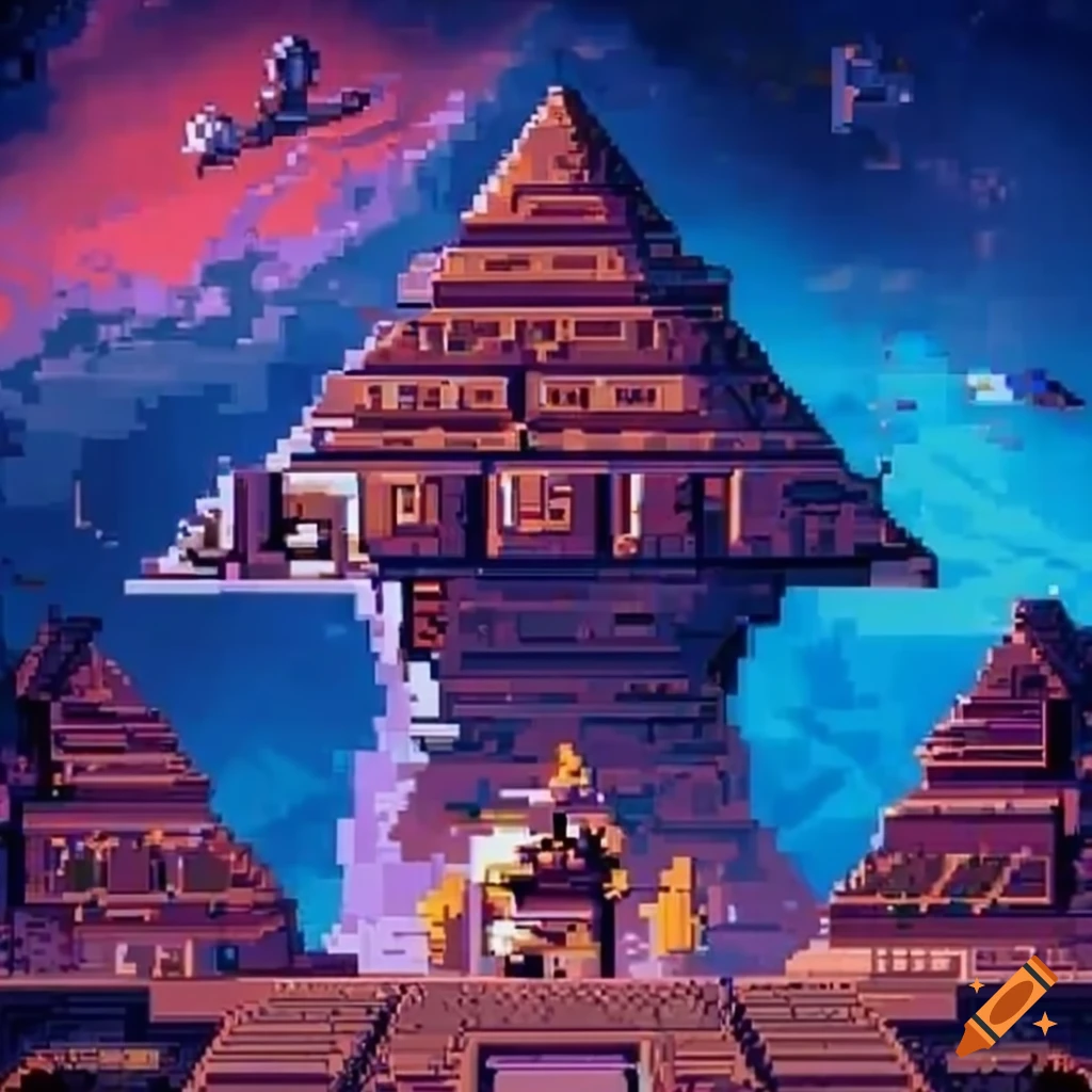 Retro nes style spaceship fighting alien pyramids in science fiction ...