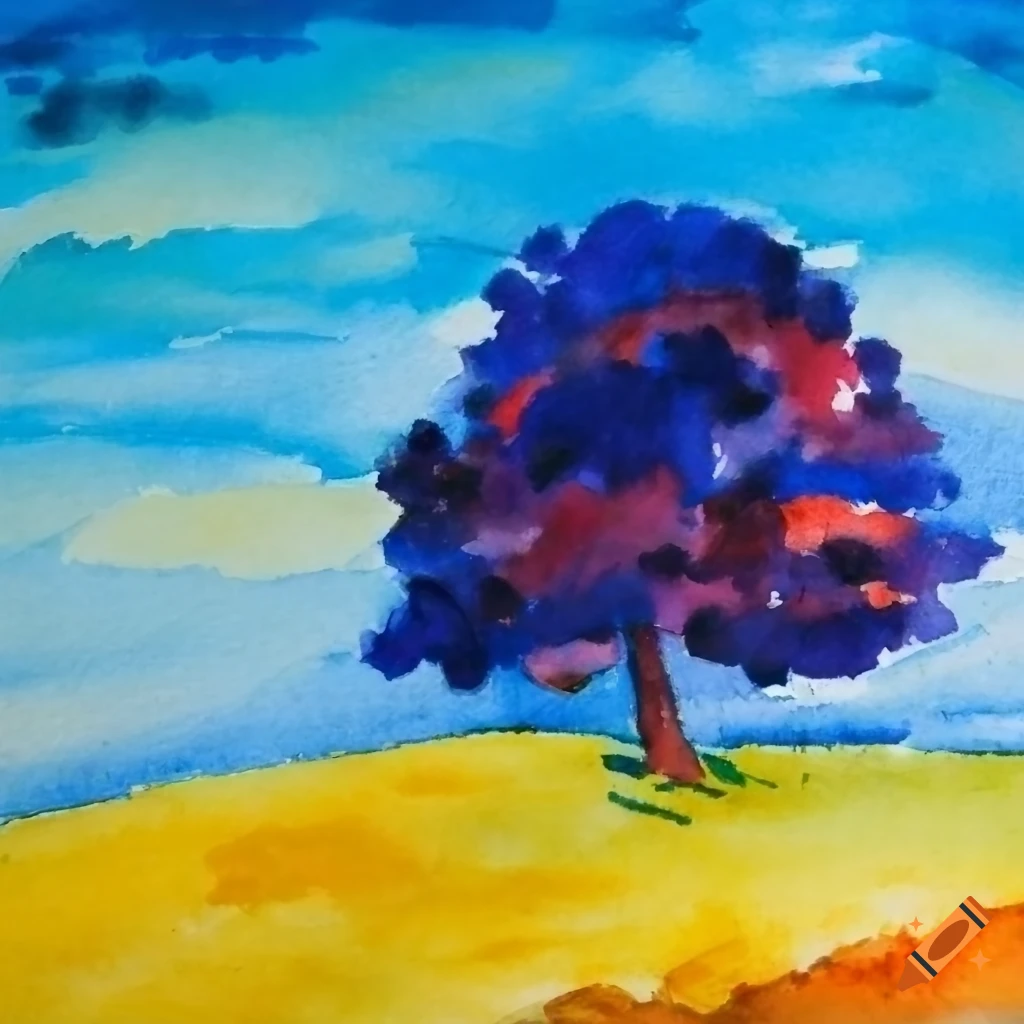 Tree in a field depicted in watercolor and cubism style, hexagons in ...