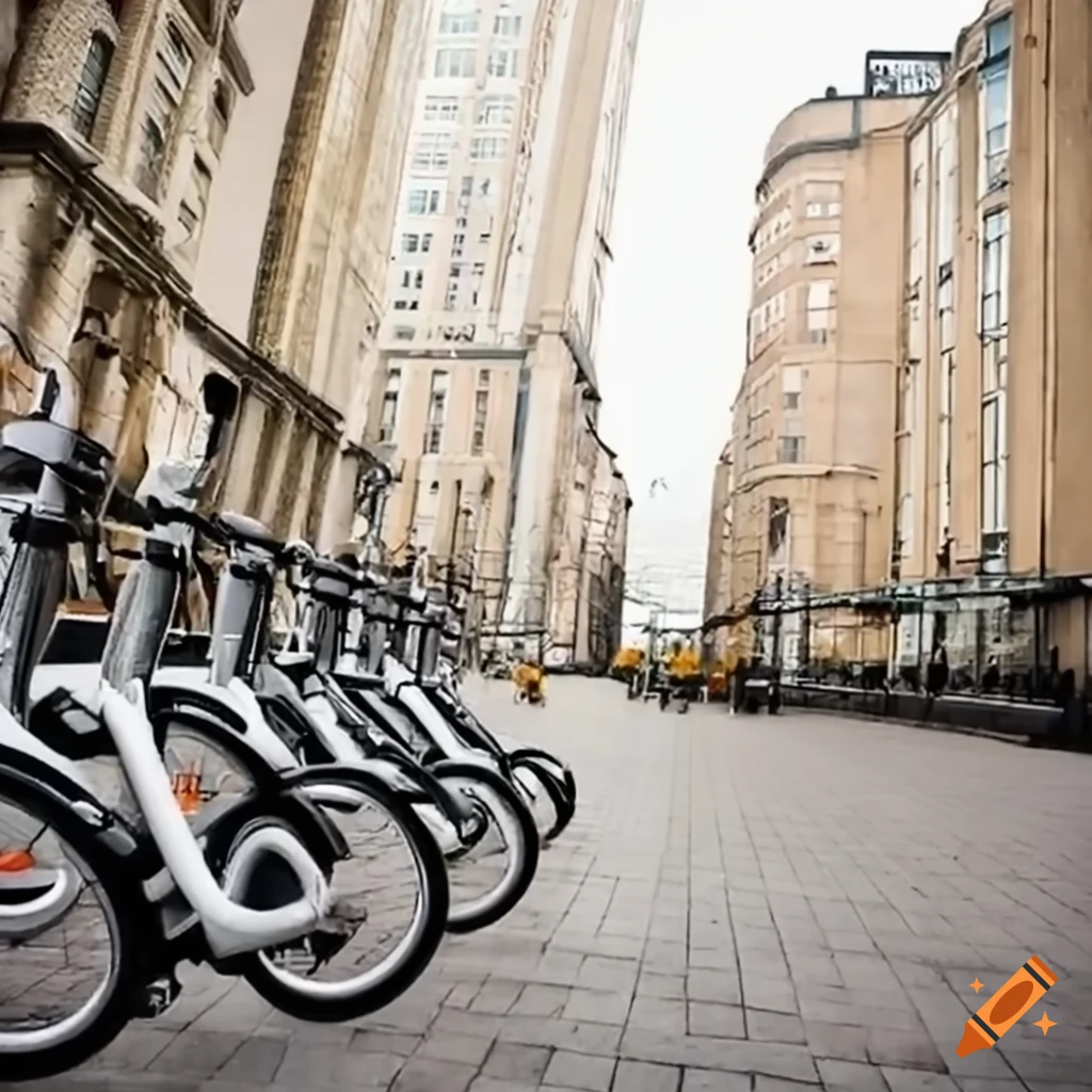 Electric bike-sharing park showcasing sustainable urban mobility on Craiyon