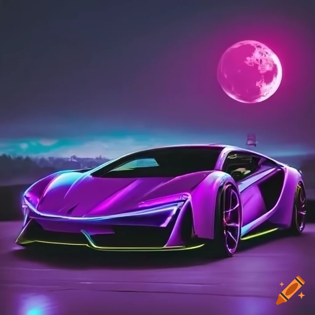 Supercar with purple neon accents on a moonlit road on Craiyon