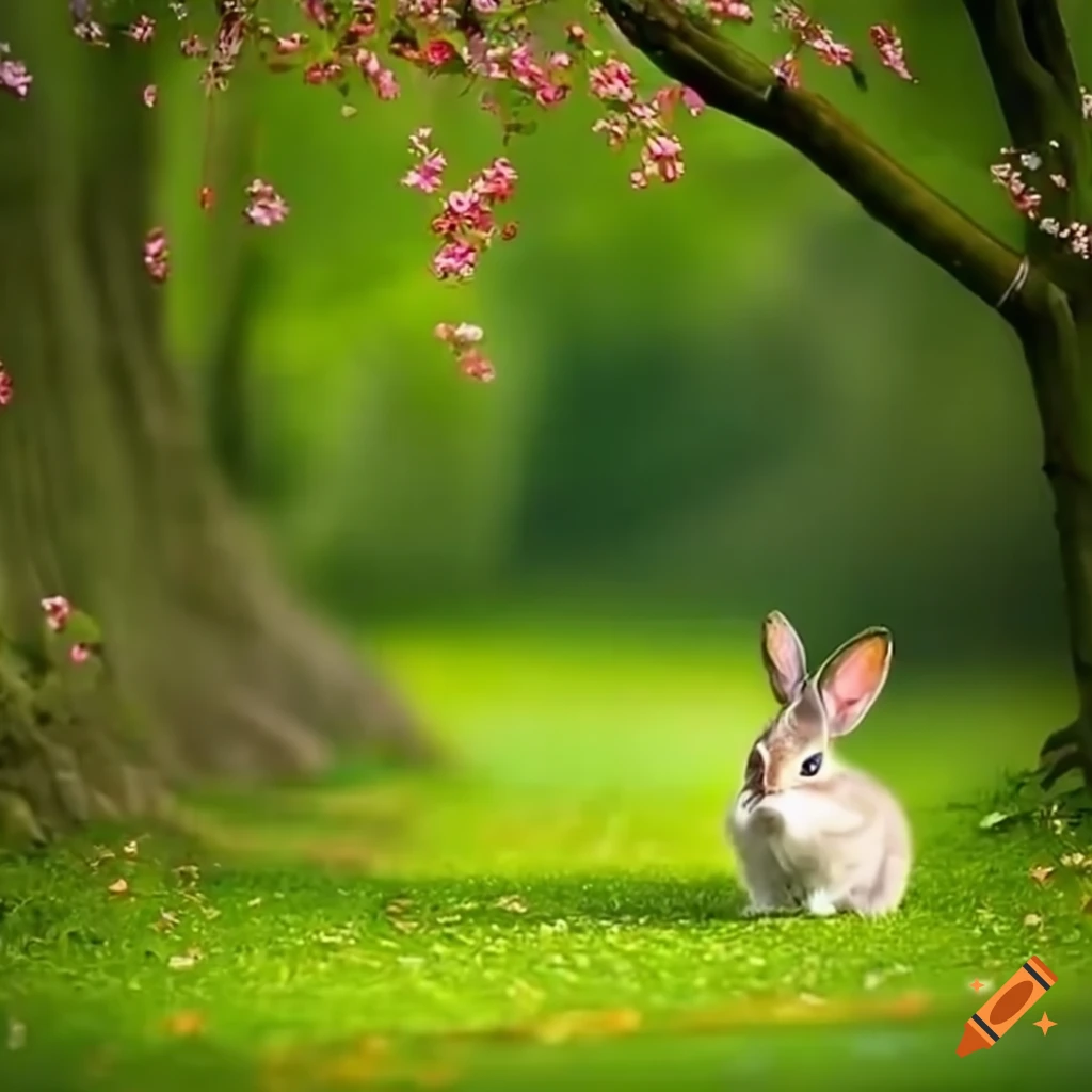Beautiful rabbits in a flowery landscape with birds and butterflies on ...