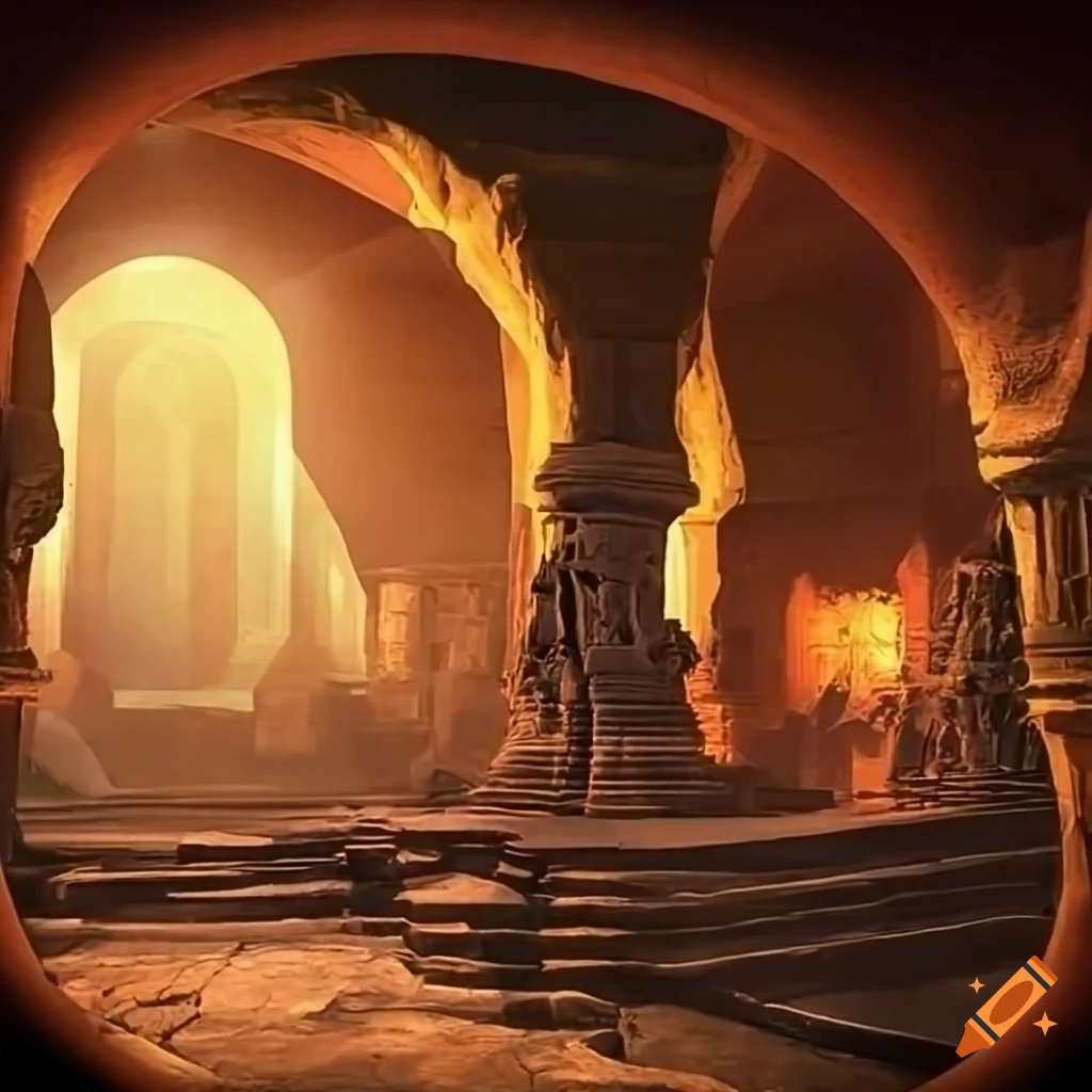 Exploring a big throne hall in ancient underground ruins on Craiyon