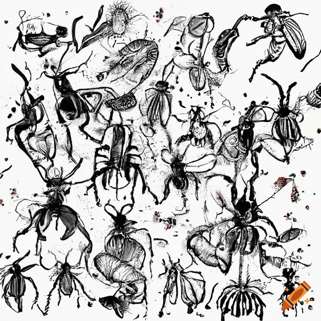 Surreal humanoid insects interacting in an ink drawing on Craiyon