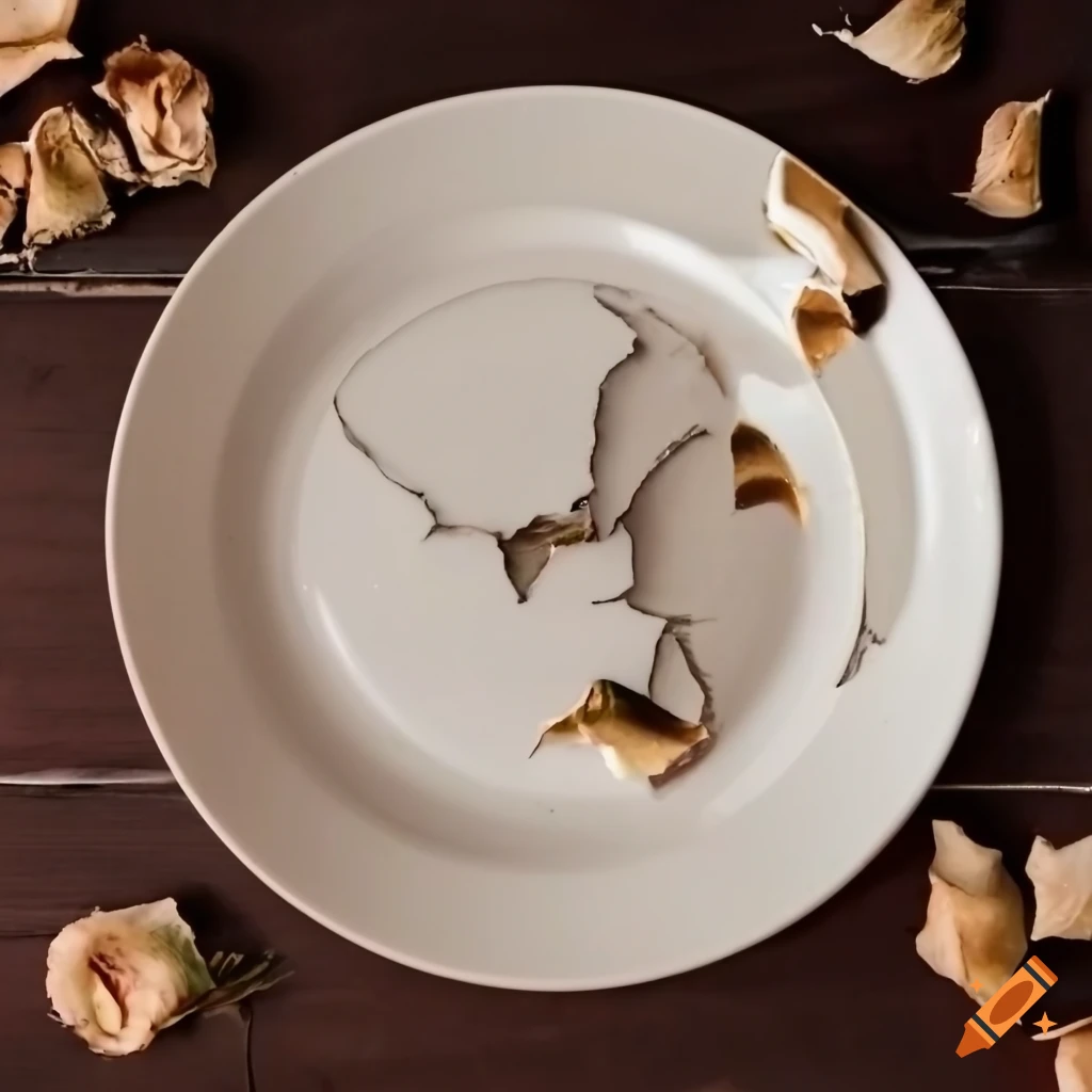 Shattered broken cracked white china dinner plates with dead roses on ...