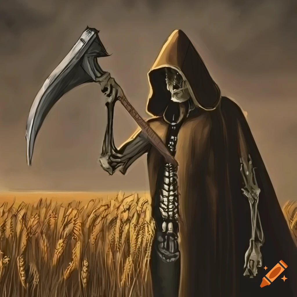 Skeleton with a scythe in a wheat field in realistic detail style on ...