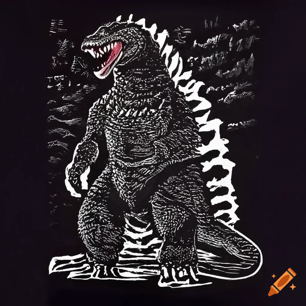 Godzilla roaring in a linocut style on Craiyon