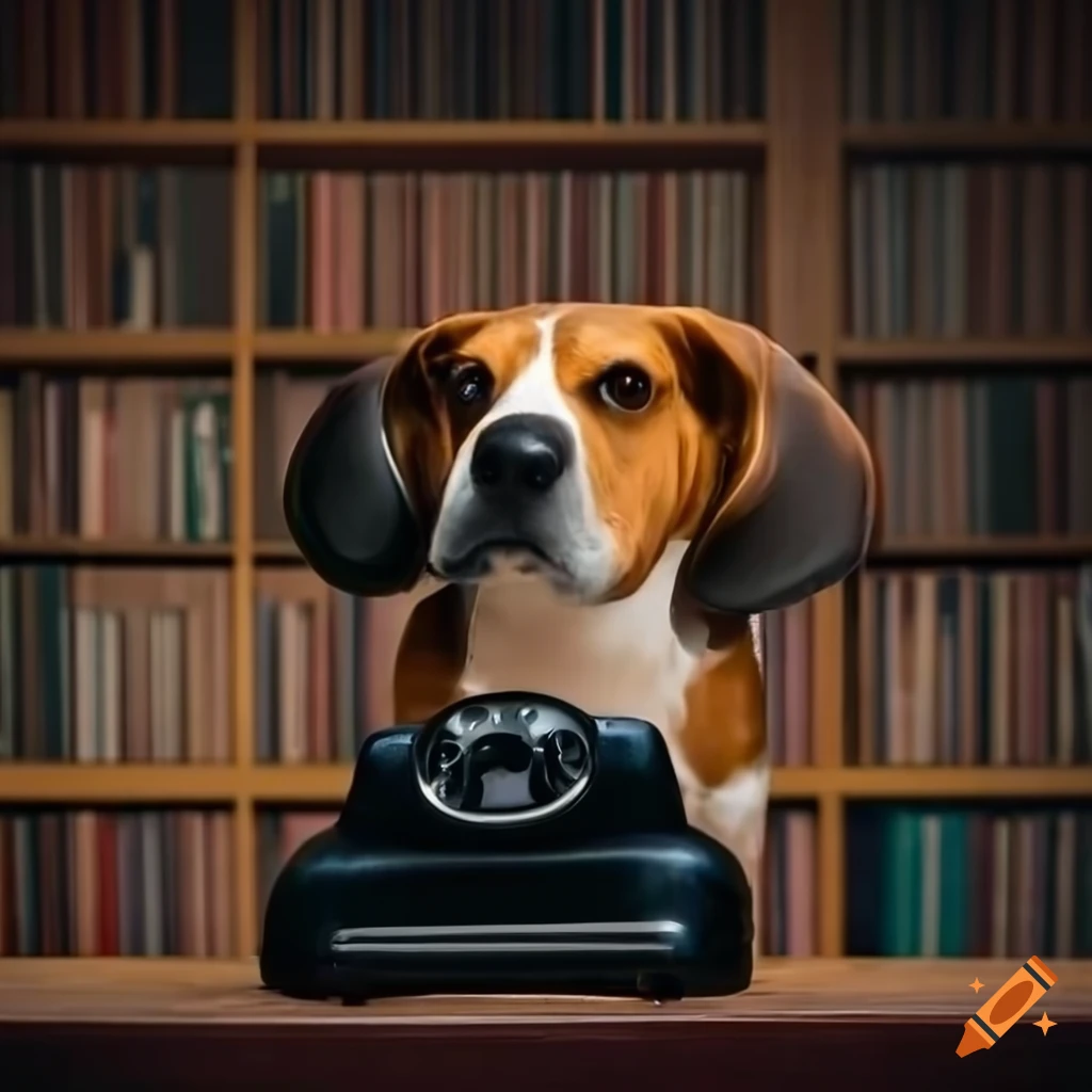 Curious beagle focused on vintage telephone surrounded by books and ...