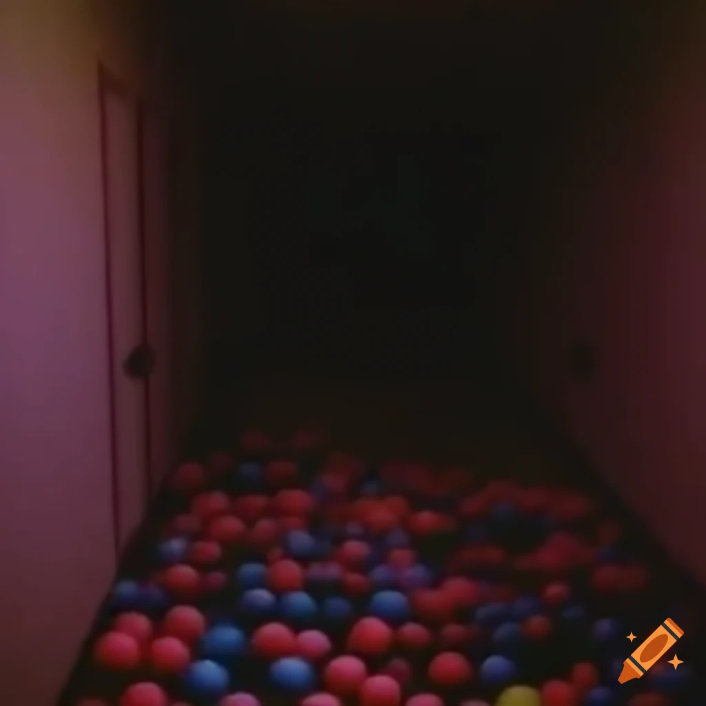 Eerie backrooms with vhs and ball pit in a dark, colorful setting on ...