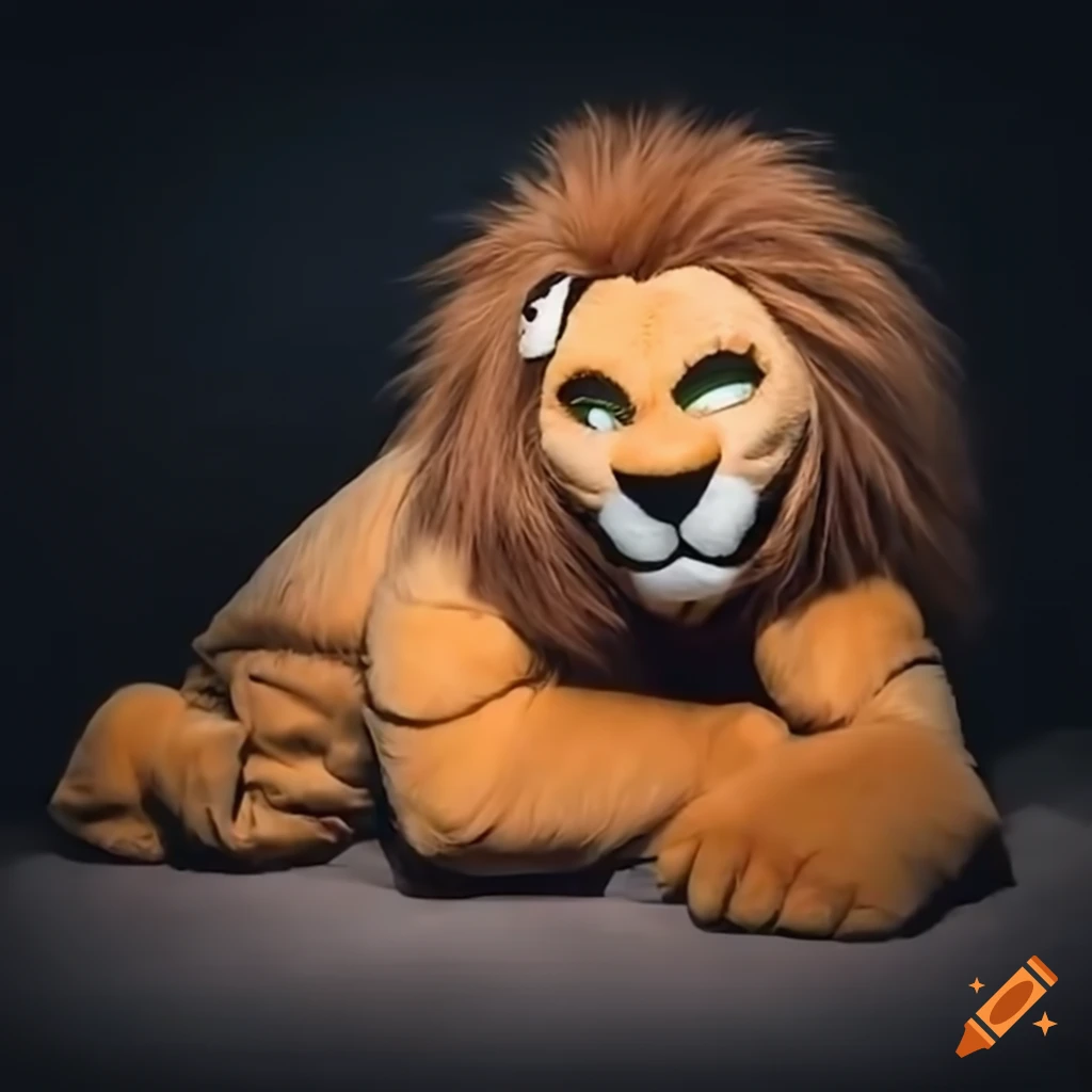 Father in lion fursuit mascot costume sleeping on bed on Craiyon