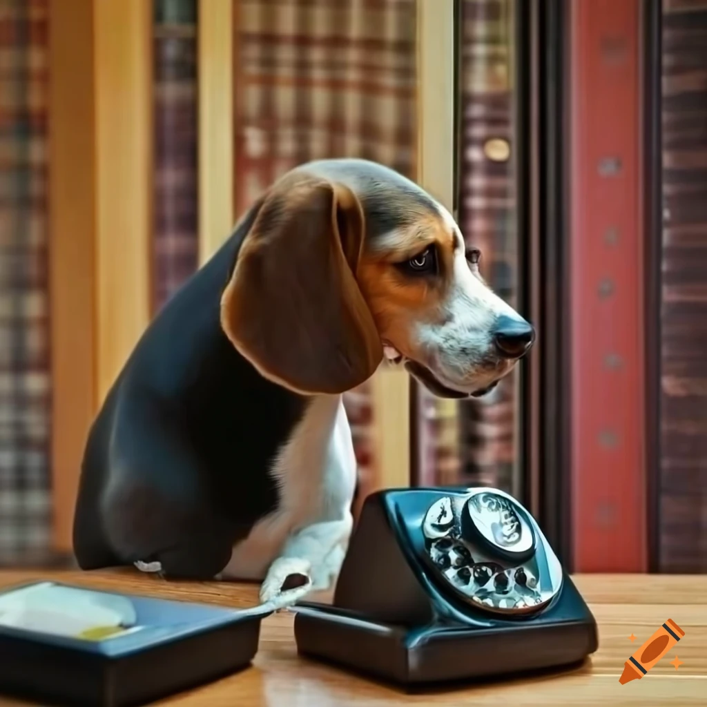 Curious beagle focused on vintage telephone surrounded by books and ...