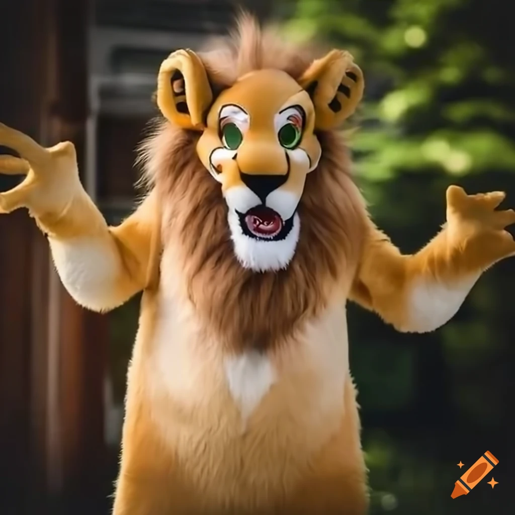 Father proudly wearing realistic lion mascot fursuit on Craiyon