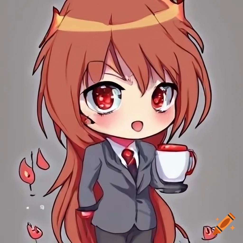 Chibi anime businesswoman with red hair sipping a steaming cup on Craiyon