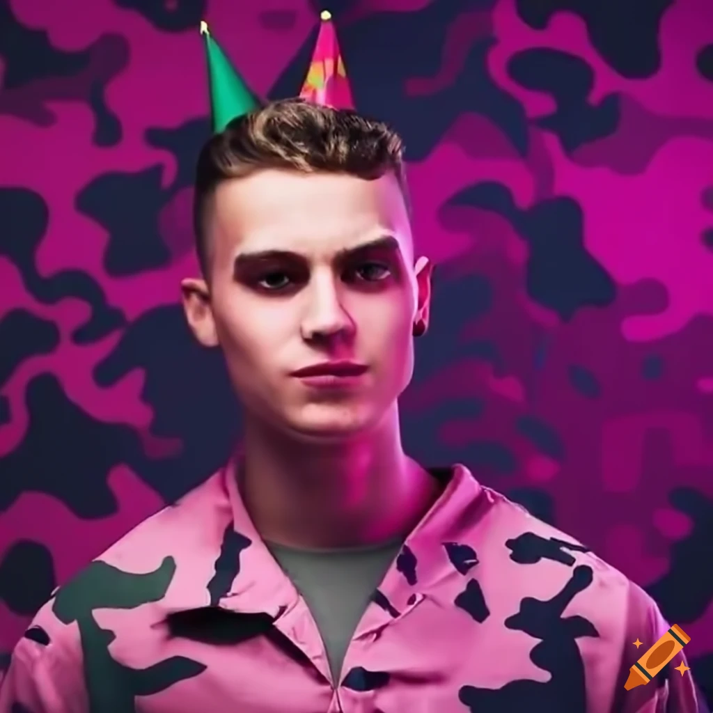 Young military guy enjoying on a pink camouflage birthday party ...