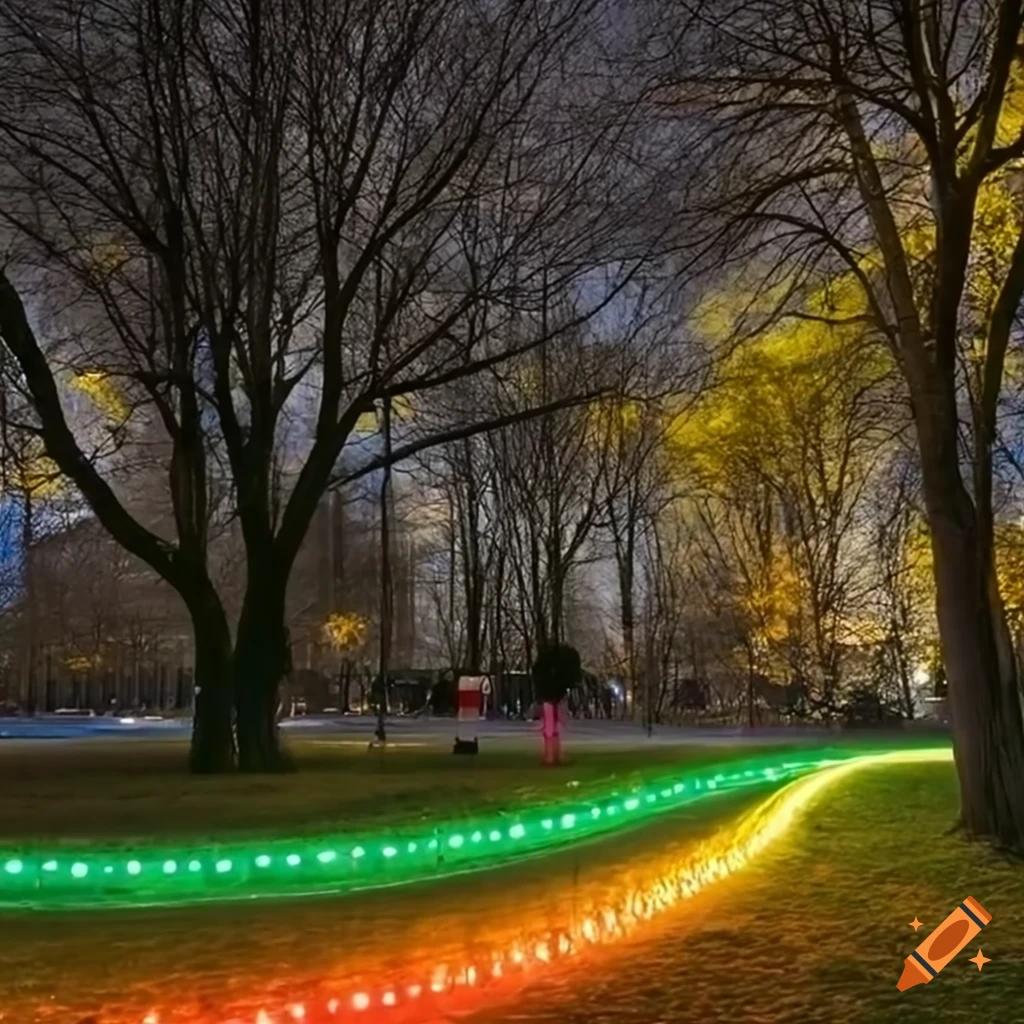 Rainbow led art light installation surrounding trees in a city park at ...