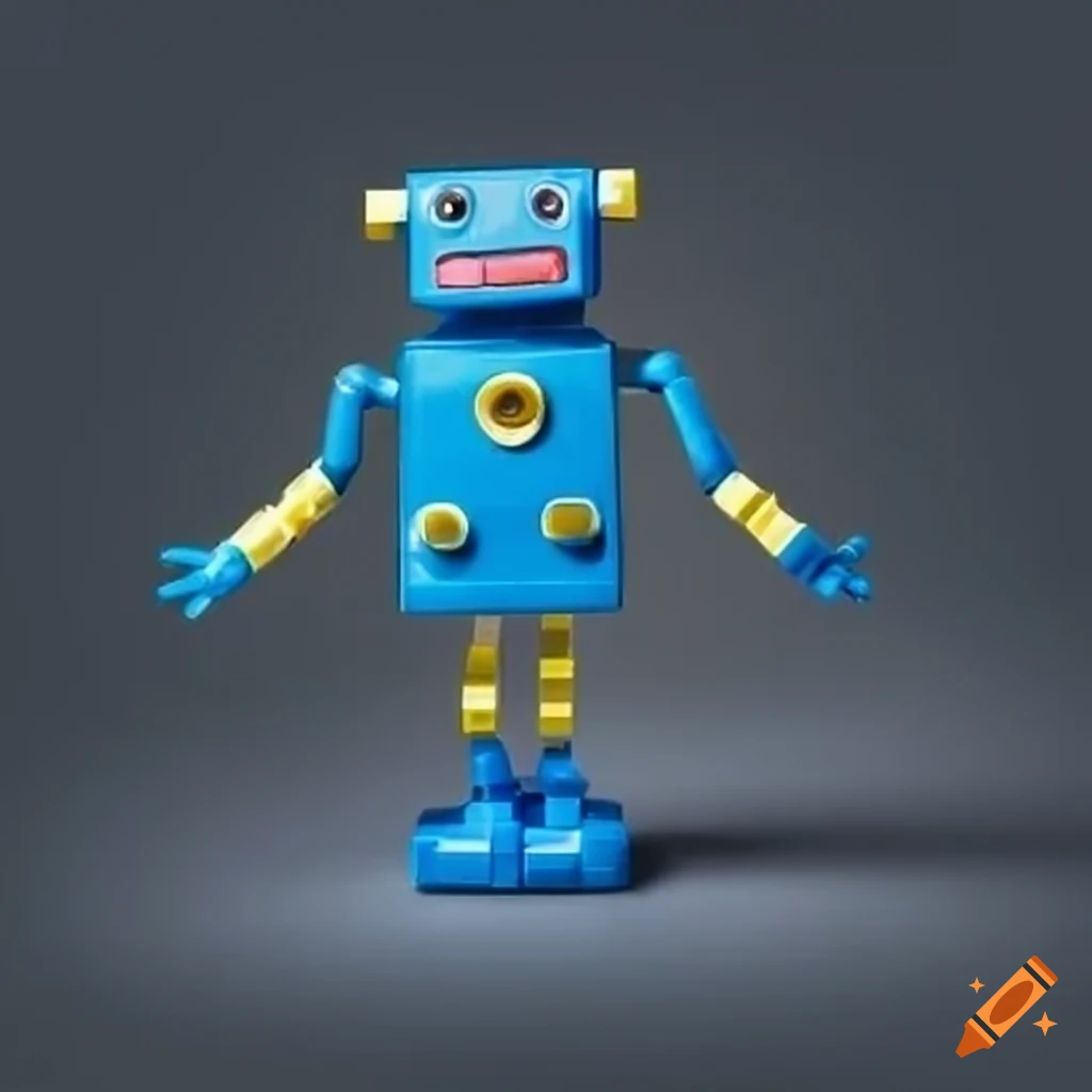 Smiling blue robot toy made of cubes with antenna, yellow feet and ...