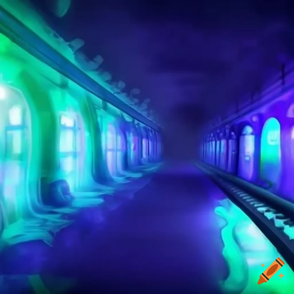 Beautiful purple, blue, and green lights in a fantasy subway on Craiyon