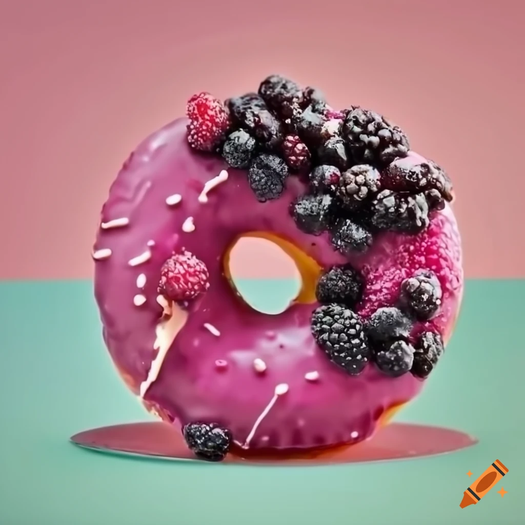 Delicious mulberry donut with dripping syrup and berries on top on Craiyon