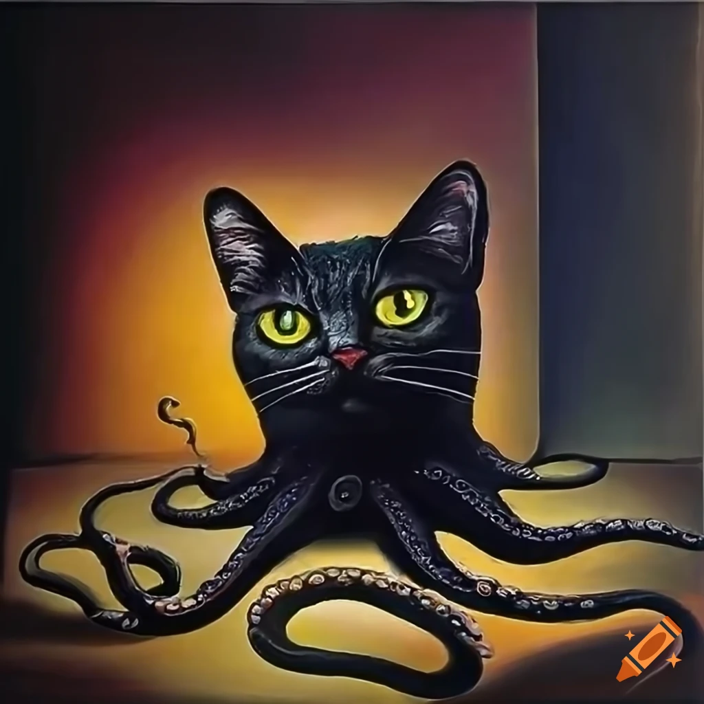 Salvador dali painting of a fusion between a black cat and an octopus ...