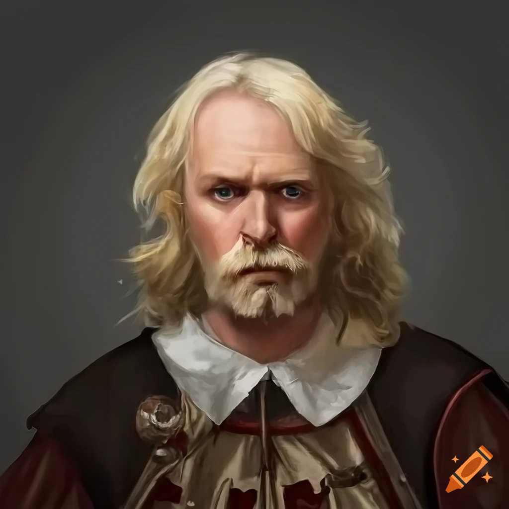 Portrait of a forty year old male musketeer with mid-length blonde hair ...