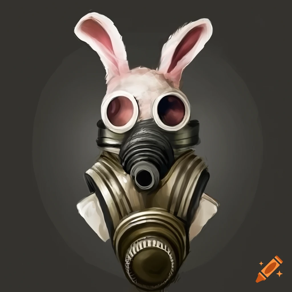Concept art of a rabbit wearing a gas mask on Craiyon