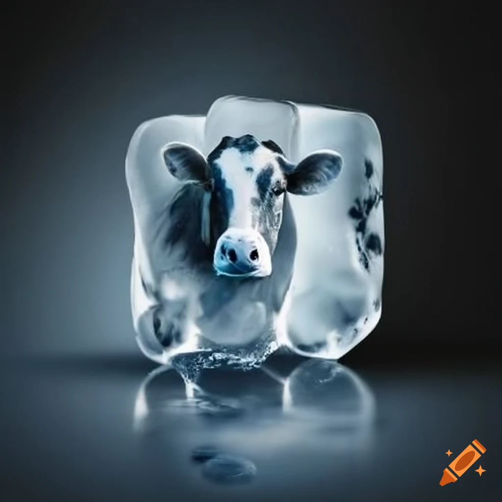 Dairy cow trapped in an ice cube on Craiyon