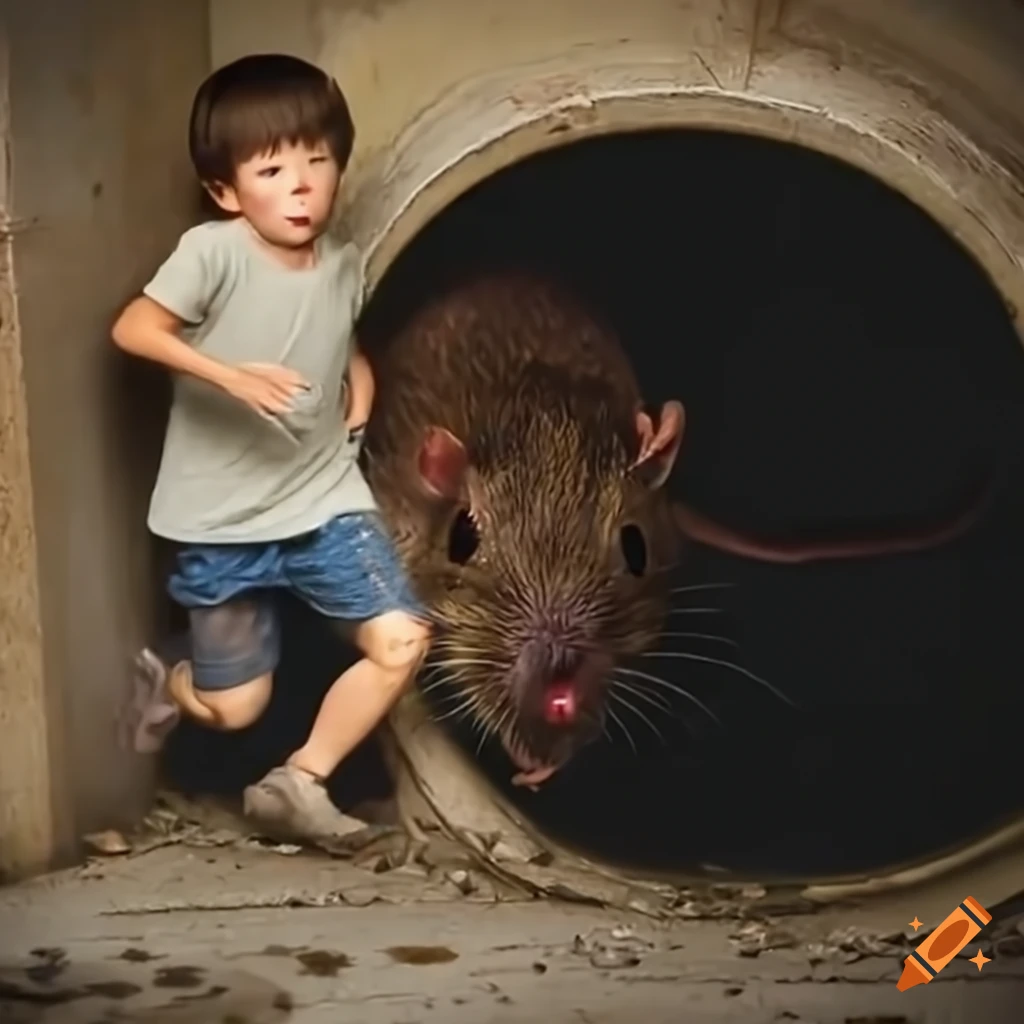 Boy running from rats in a sewer on Craiyon