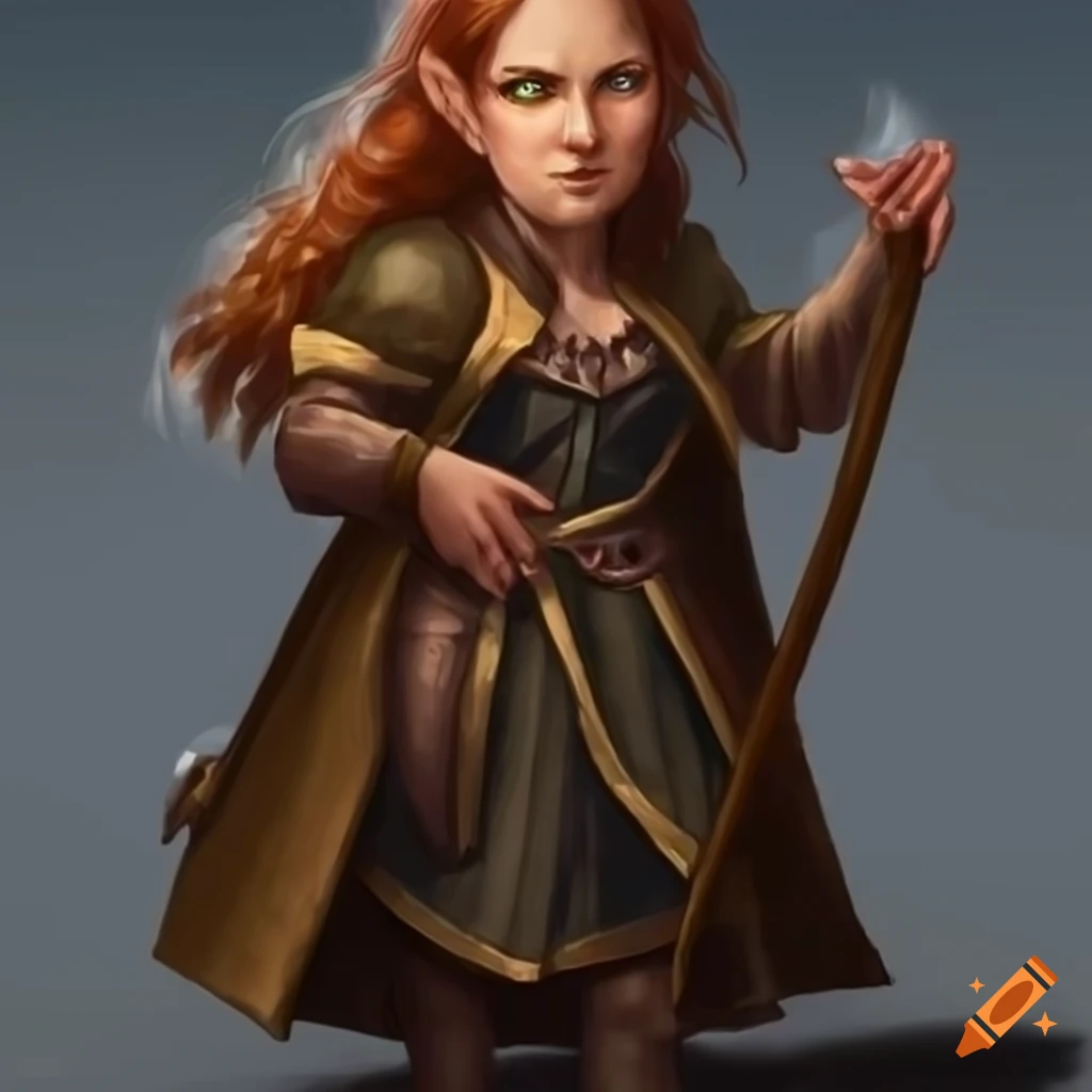 Serious expression female halfling noble in fullbody portrait on Craiyon